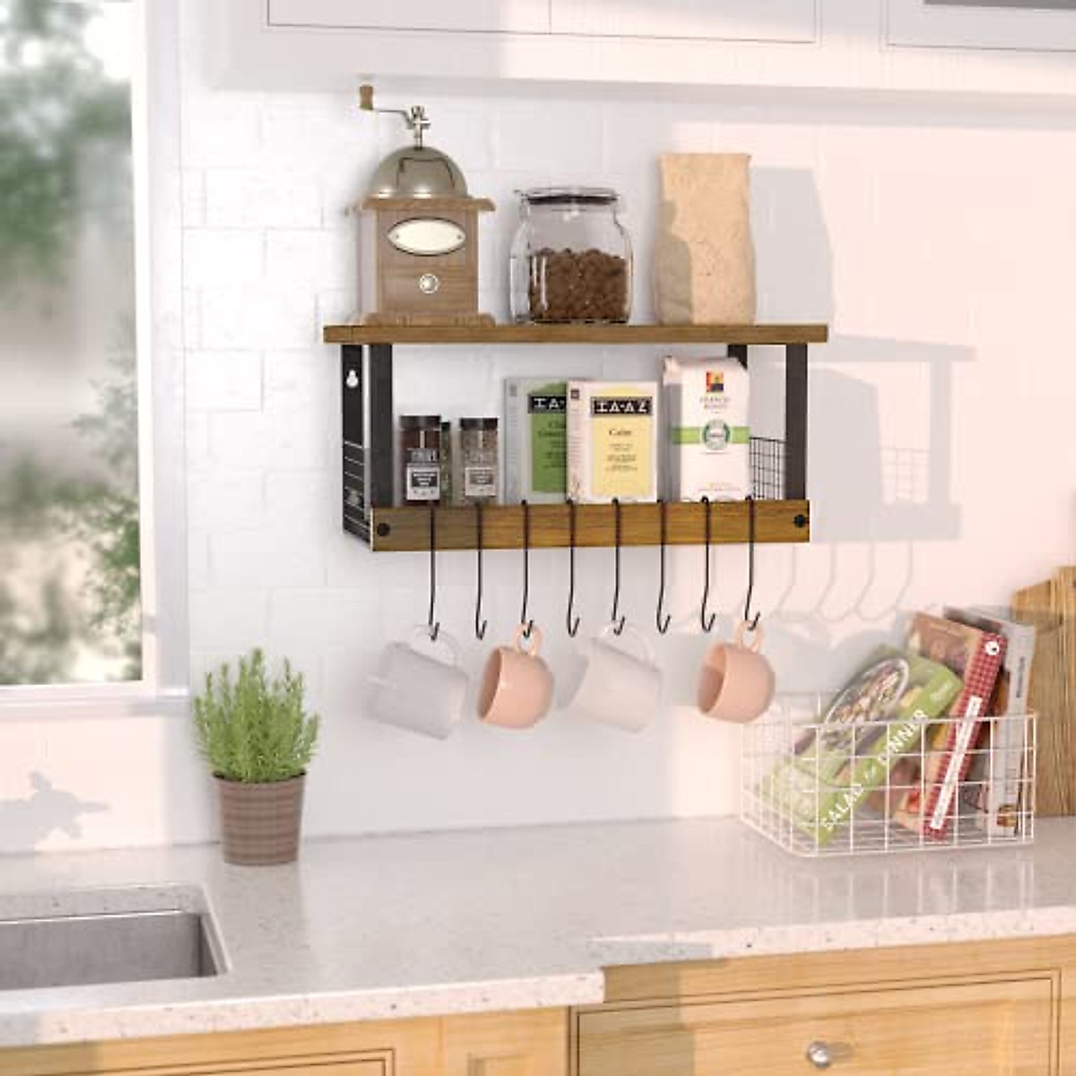 J JACKCUBE DESIGN Wall Mount Rustic Wood Floating Shelf, Coffee Mug Rack with 8 Hooks, 2 Tier Hanging Storage Shelves for Kitchen, Bathroom, and Living Room - MK455A