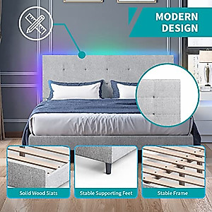CECER Queen Size Bed Frame with RGB LED Headboard, Platform Bed Frame with Music Sync Compatible with Alexa or Apps, Upholstered Bedframes Adjustable Lighting Effects/No Box Spring Needed, Light Grey