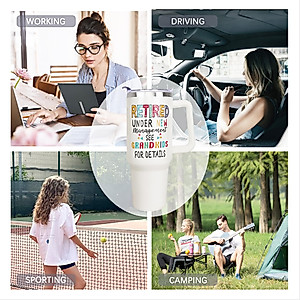 Retired Tumbler Retirement Gifts for Women Grandma - Retired Under New Management See Grandkids For Details Tumbler, 40 oz Tumbler with Handle and Straw, Reusable Stainless Steel Retirement Mug