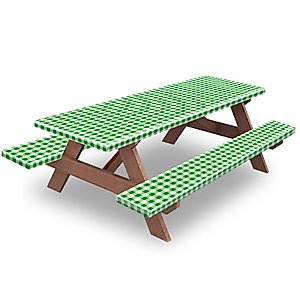 Picnic Table and Bench Fitted Tablecloth Cover, 3 Pack Set, KENOBEE Flannel Backing Elastic Edge Waterproof Wipeable Plastic Cover Fitted Vinyl Tablecloth for Home Goods Outdoor Patio,Green-White