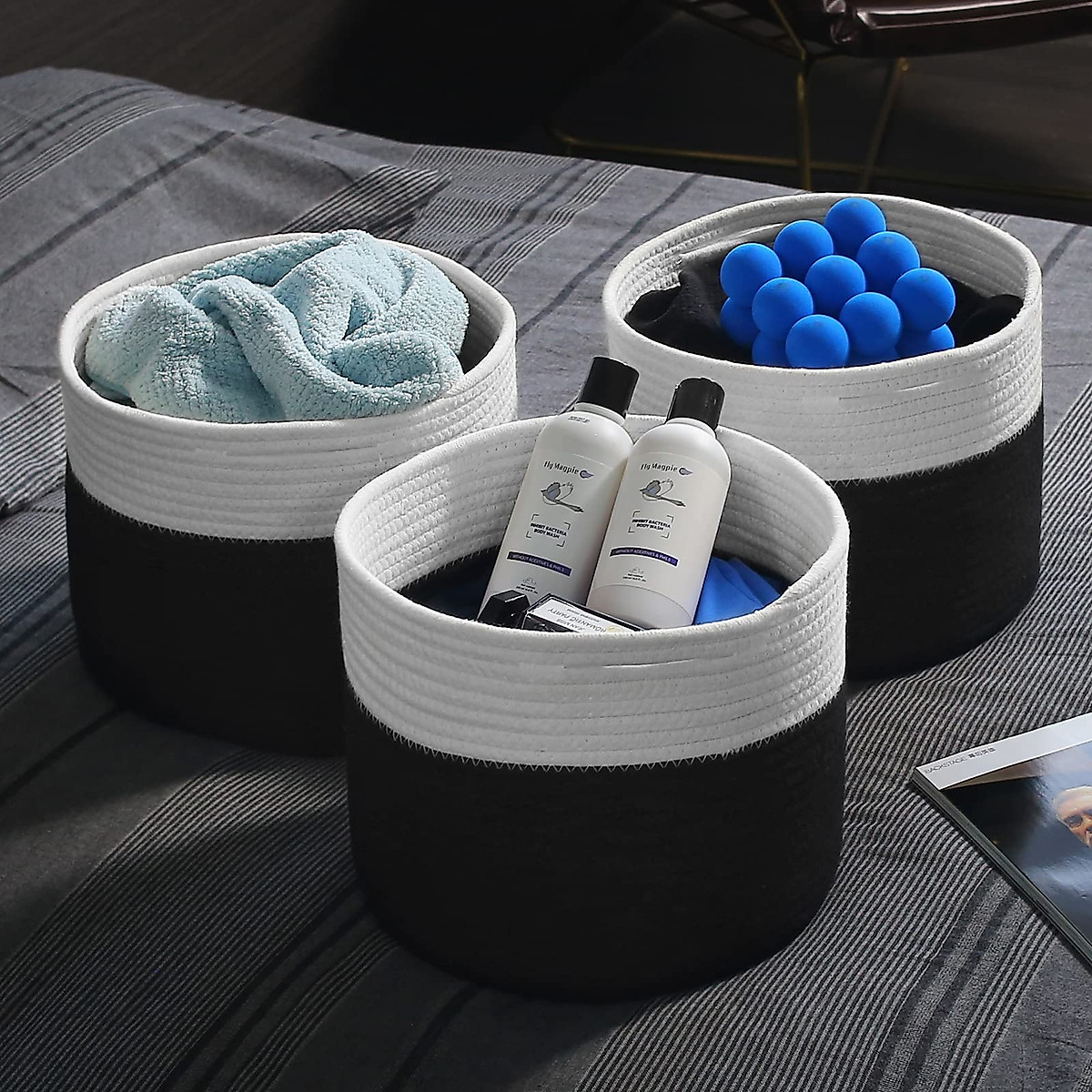 BNDSKLAI Cotton Rope Storage Baskets 11 x 11 x 9 inches, Cube Shelf Storage Organizer for Laundry, Towel, Clothes, Books, Shelves(White/Black, 1Pack)