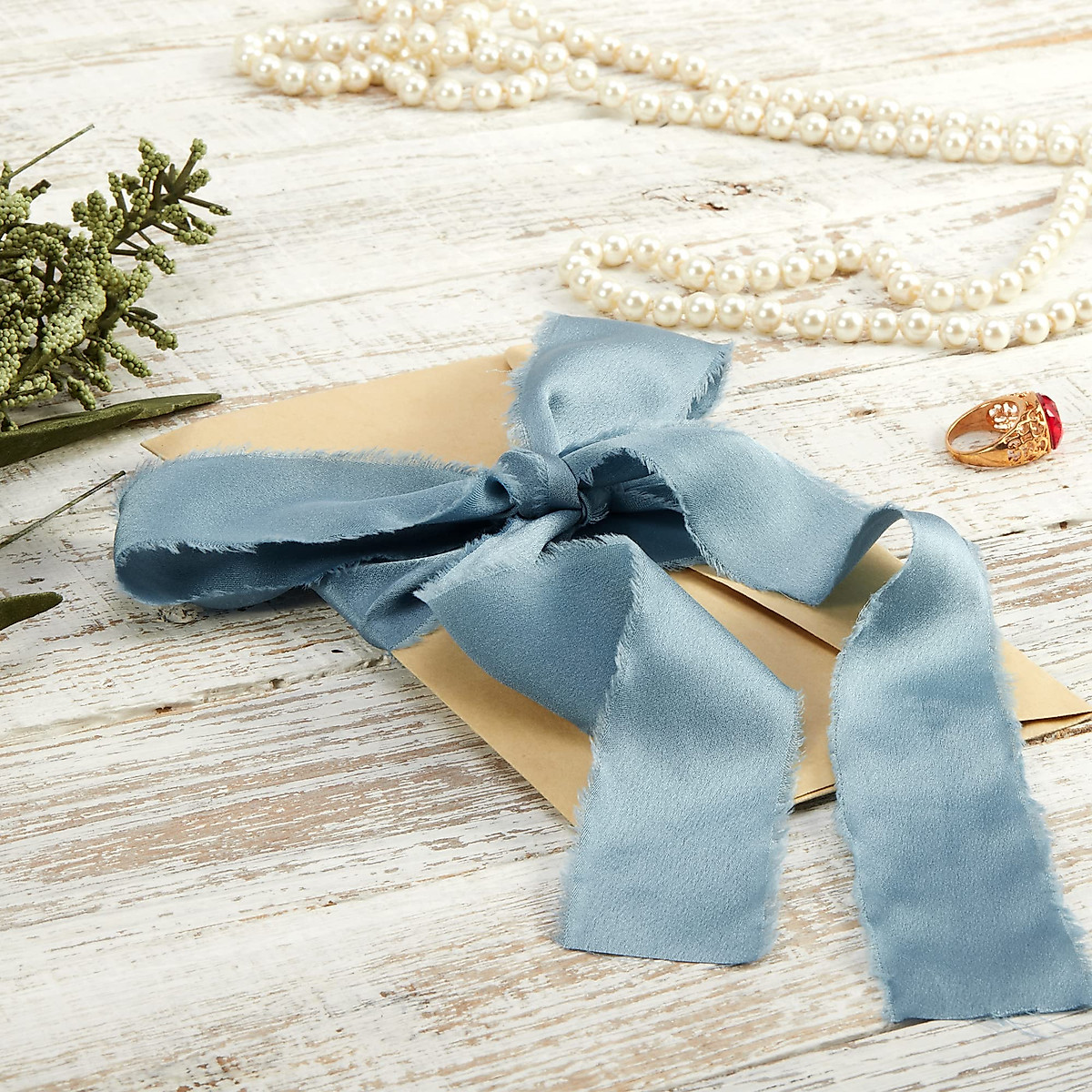 Keypan Dusty Blue Silk Ribbon, Satin Chiffon Frayed Fabric Ribbons for Gift Wrapping Crafts Flower Bouquets Wedding Invitation Decor Baby Shower 1-1/2 inch x 21 Yd