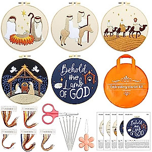Tigeen 5 Sets Embroidery Starter Kit for Beginners Adults Kids Cross Stitch Embroidery Kit for Christian Christmas with Instructions Embroidery Hoops Needles Colored Threads Needle Threader (Jesus)