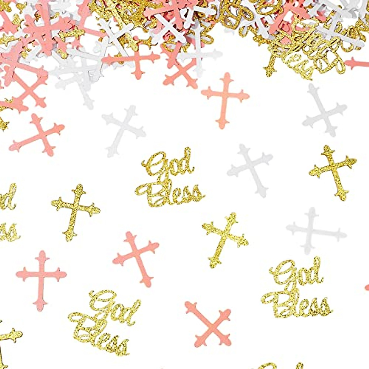 300 Pieces Glitter Cross Confetti God Bless Confetti Table Confetti Cross Decorations for Baptism Party Baby Shower Birthday Gender Reveal First Communion Party Supplies (Pink, Gold, White)