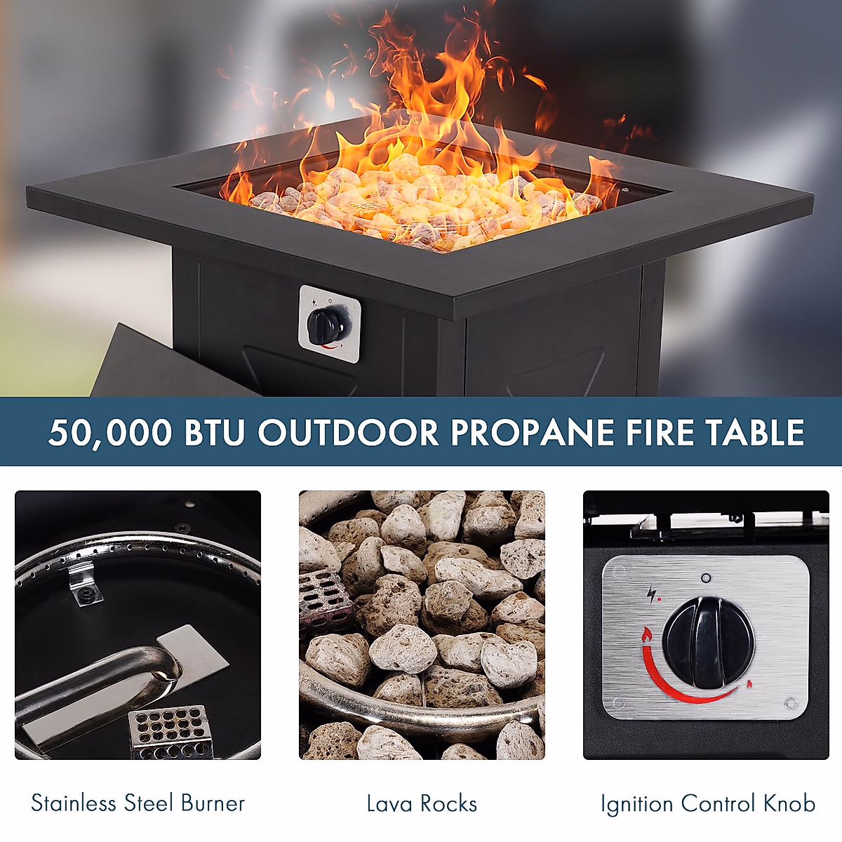 Fire Pit Table, Propane Firepit Outdoor Gas Fire Pits Clearance, 50,000 BTU with Metal Tabletop, Lid, Lava Rocks for Outside Patio, Garden, Deck, Yard