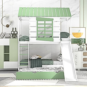 BOVZA Twin Over Twin Size House Bunk Bed with Slide and Trundle, Wood Playhouse Bunk Bed Frames with Convertible Slide and Ladder for Kids Girls Boys