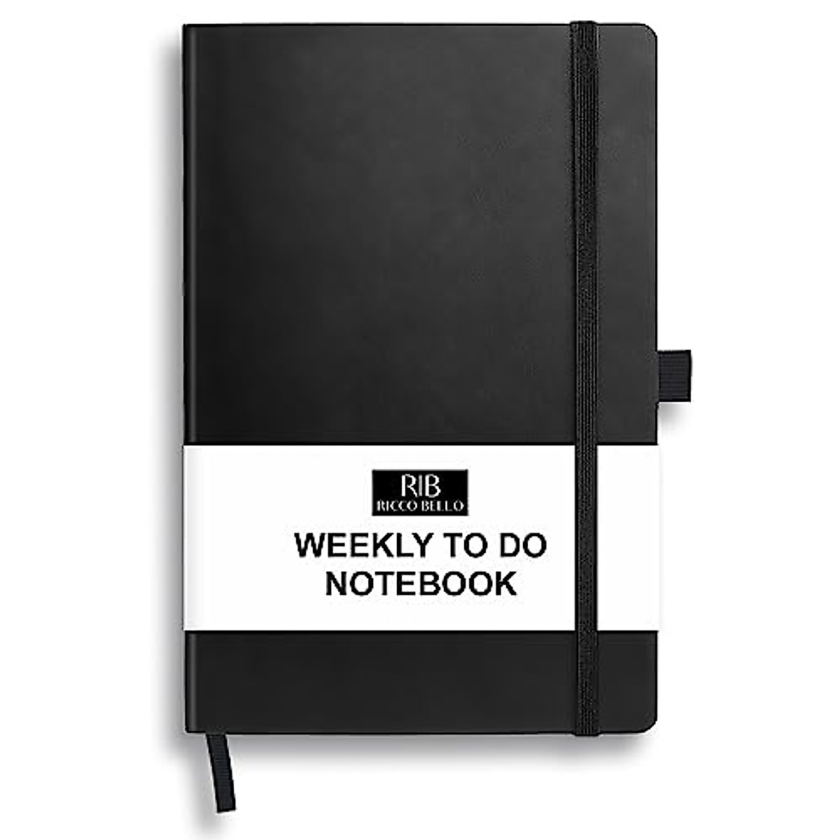 RICCO BELLO Undated Weekly Planner To Do Notebook | Faux Leather Hardcover, for Work, School, Home with Pen Loop, Bookmark, Band Closure, Storage Pocket, 5.7 x 8.4 Inches (Black)