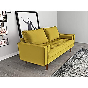 Container Furniture Direct Womble Mid Century Modern Velvet Couch for Living Room with 3 Seater Tufted Seat and Sturdy Wood Frame, Includes Bolster Pillows, Sofa, Dijon