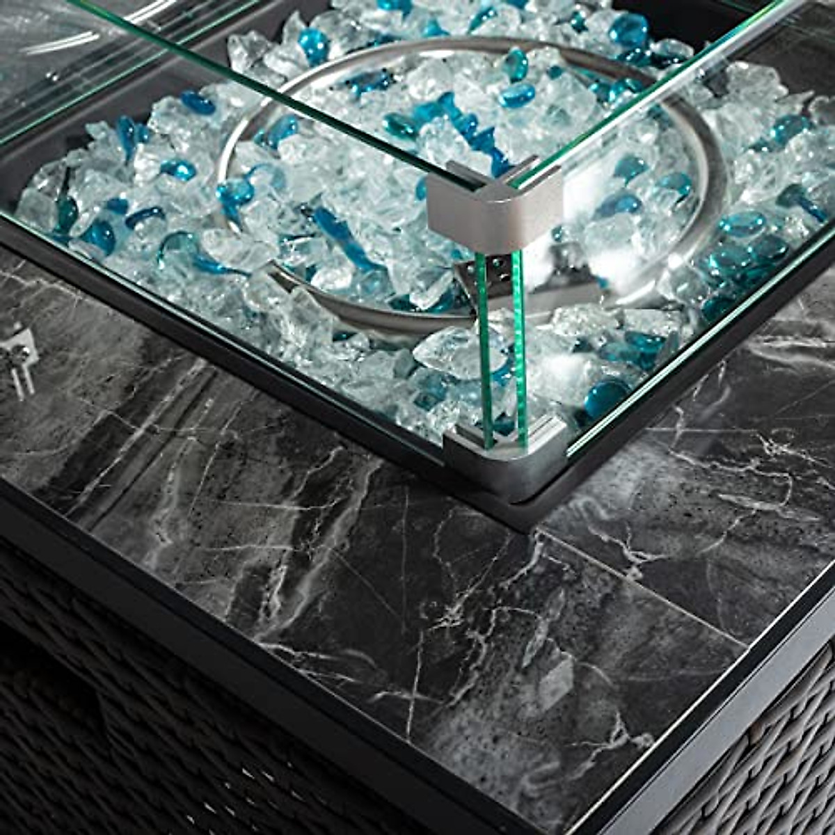 AJ Enjoy 24in Outdoor Propane Gas Fire Pit Table, 40,000 BTU Auto-Ignition Gas Firepit with Glass Wind Guard, Marble Tile Tabletop, Mixed Color Glass Rocks, Brown PE Rattan