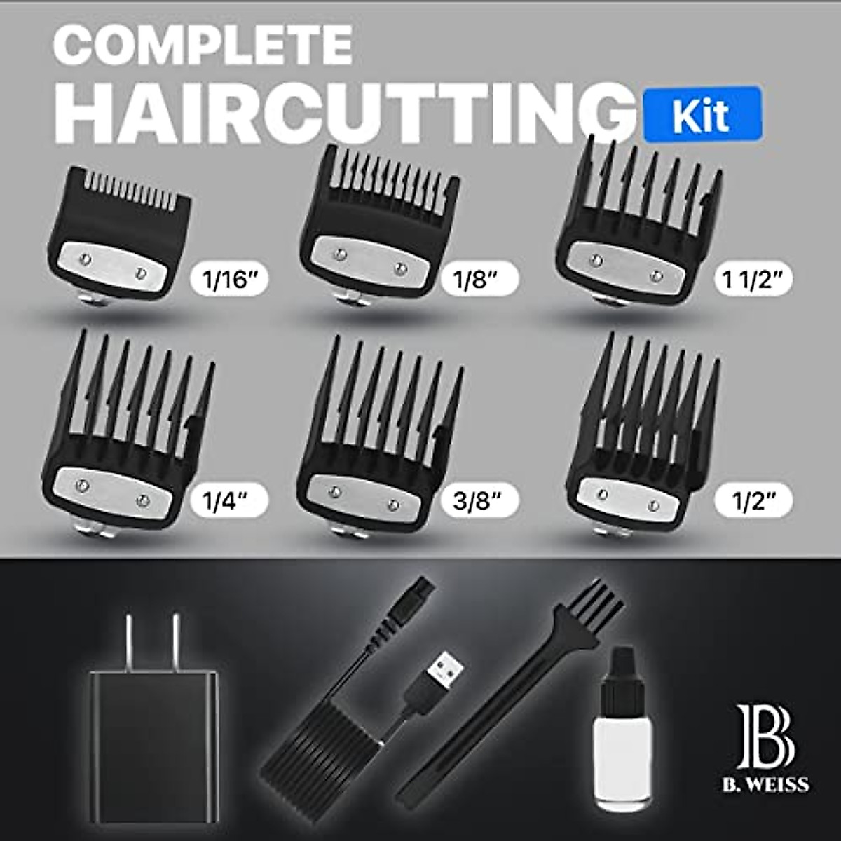 B. WEISS Professional Stainless Steel Hair Clippers for Home Use, Beginners Cordless Grooming Kit for Hair Cutting at Home, Beard, Body Hair,Rechargeable with LED Display