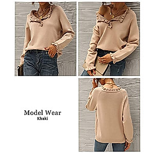 BTFBM Women's Sweaters Casual Long Sleeve Button Down Crew Neck Ruffle Knit Pullover Sweater Tops Solid Color Striped(Solid Khaki, Small)