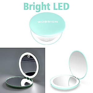 wobsion Travel Mirror with Light, Rechargeable 1x/10x Compact Magnifying Mirror, Dimmable Pocket Mirror,3.5inch Travel Size,Portable for Handbag,Purse,Gift,Cyan
