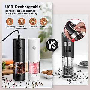 Large Capacity Electric Salt and Pepper Grinder Set – USB Rechargeable Salt Pepper Grinder Set of 2 – 6-Level Adjustable Coarseness–Automatic Salt Grinder and Pepper Mill – Easy One-Hand Operation