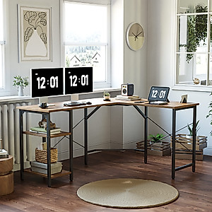 CubiCubi L Shaped Desk, 59.1 Inch Reversible Corner Desk with Storage Shelves, Home Office Desk for Writing Gaming Study, Rustic Brown