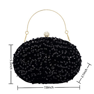 IAMUHI Sequins Evening Handbags and Purses for Women,Ladies Small Oval Top Handle Clutch Crossbody Bag with Chain,Black