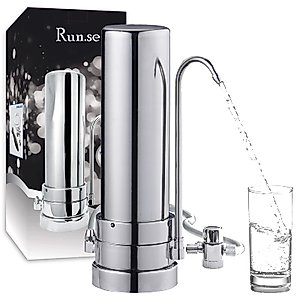 RUN.SE Countertop Filtration System, 304 Food-Grade Stainless Steel,8000 Gallons Alkaline Water Filter, Reduces 99% of Chlorine, Heavy Metals, Bad Taste (1 Filter Included)