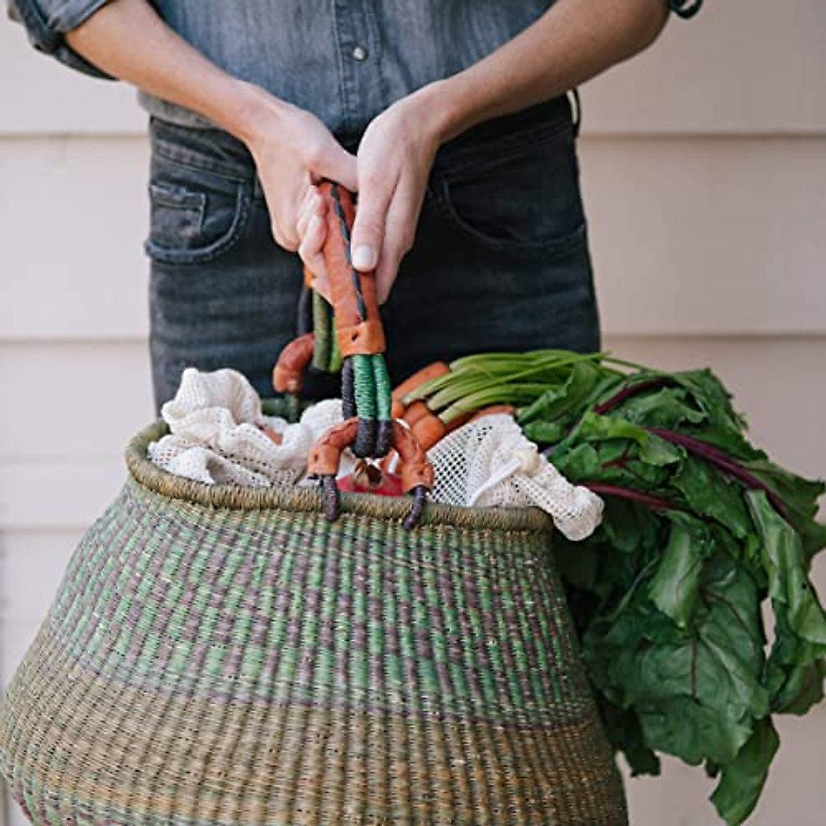 Reusable Produce Bags Organic Cotton | Home Essentials Sustainable Living, Washable Laundry, Travel Organizer, Zero Waste Biodegradable Drawstring Vegetable Mesh Grocery Bag | Set of 7 w/Tare Weights