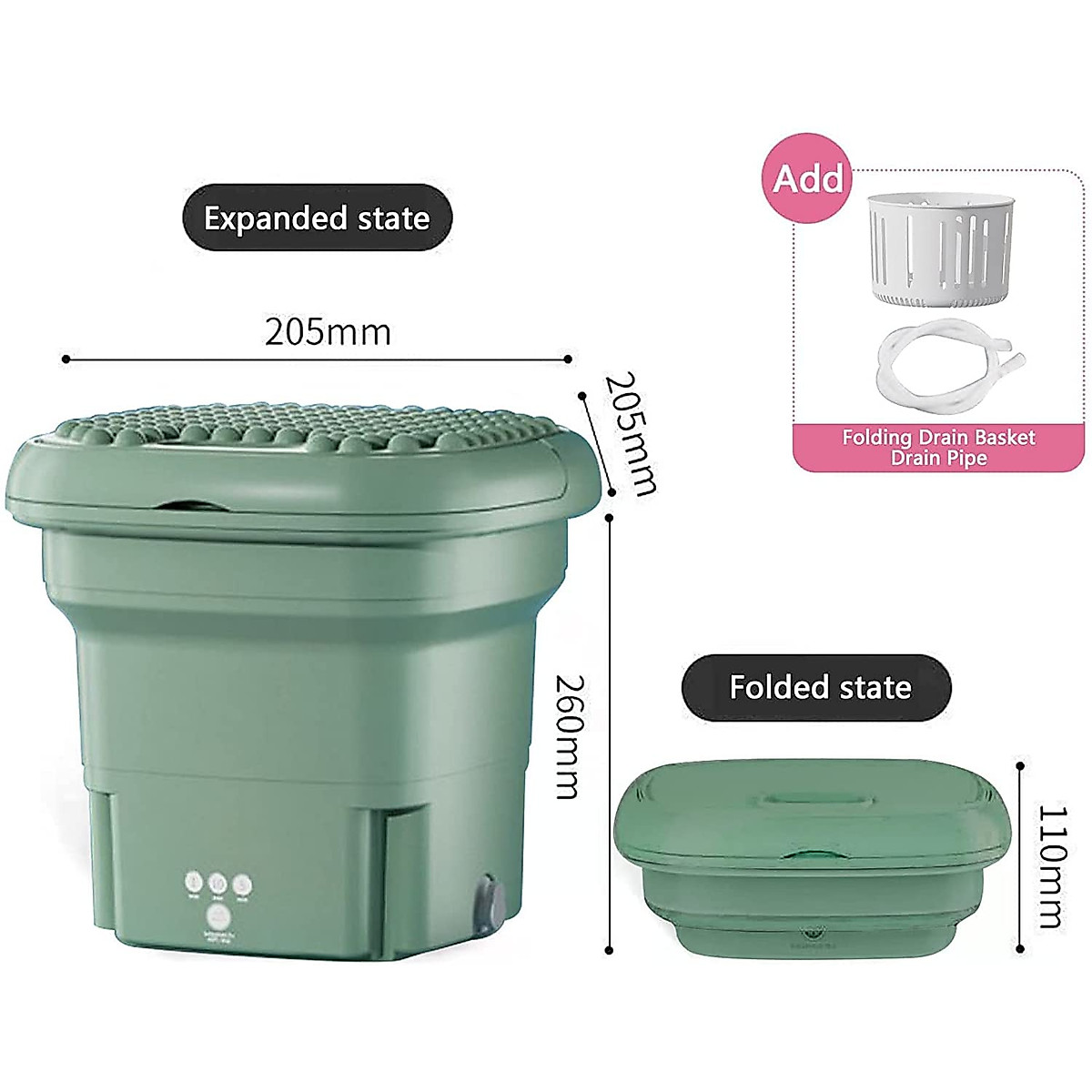 Portable Washing Machine Mini Foldable Washer with Drain Basket Spin Dryer,Small Collapsible Bucket Washer for Camping,Travel,Apartment,Dorm green