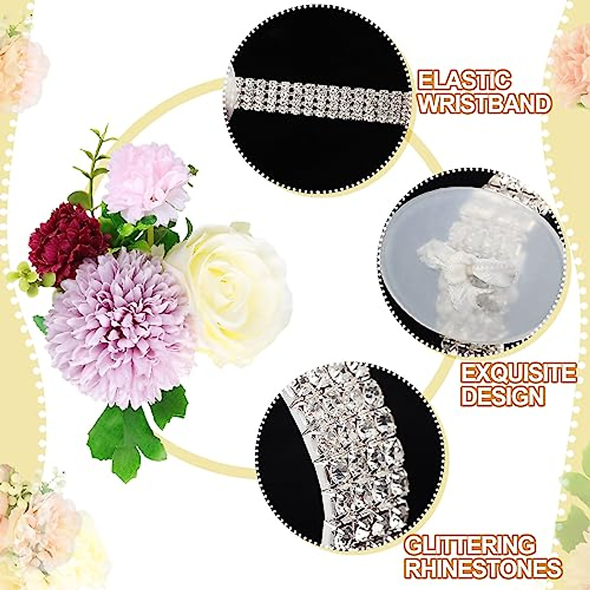 Bonuci 4 Pieces Corsage Wristlet Bands Rhinestone Bracelet Wristlets Stretch DIY Wedding Wristband Corsage Accessories Bracelets for Wedding Party Prom Bride Shower Party Anniversary
