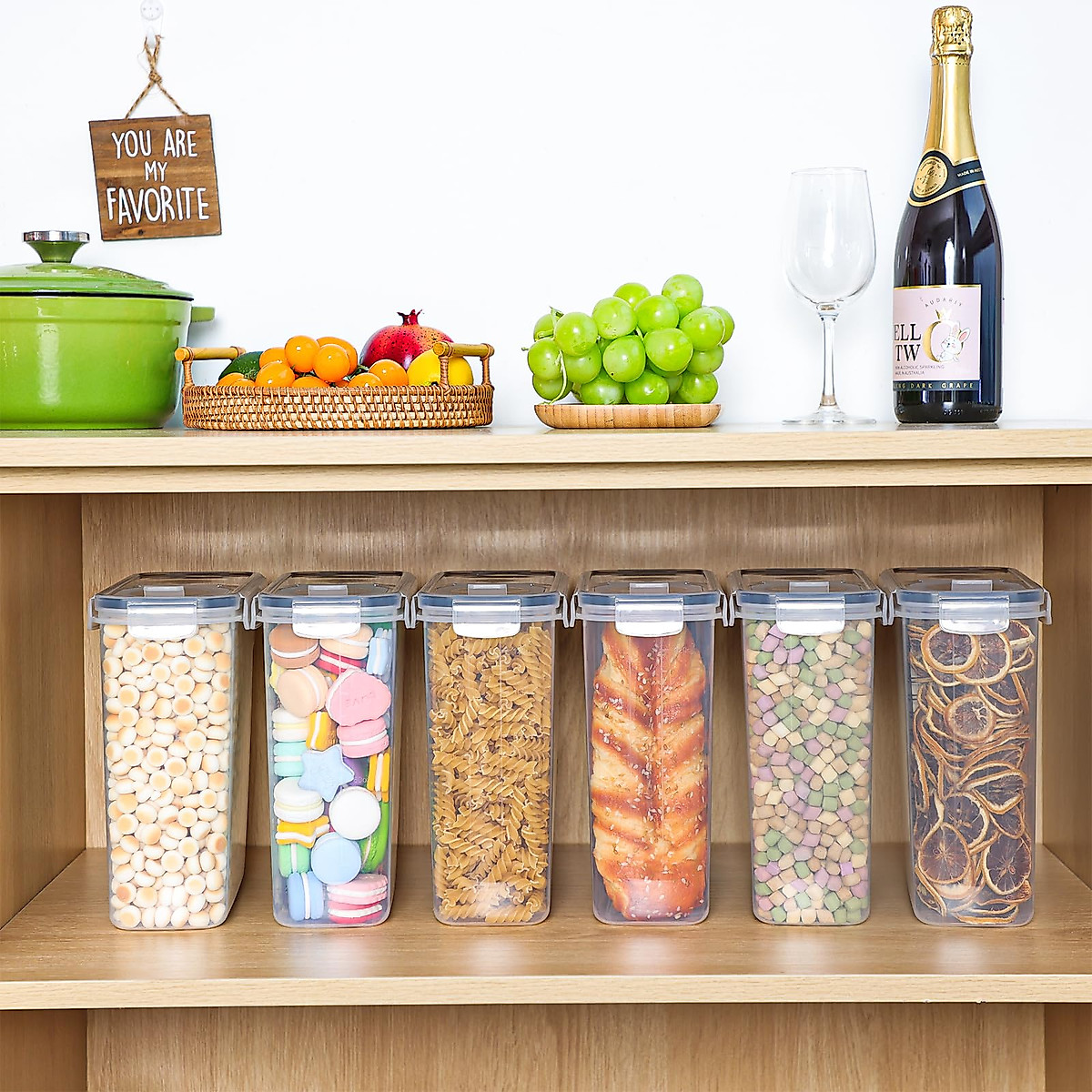 Moretoes Cereal Containers, 6pcs 4L 135oz Plastic Cereal Pantry Containers with Measuring Spoons, for Flour, Sugar, Rice