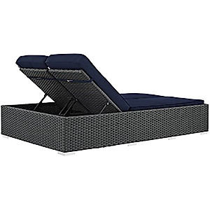 Modway Sojourn Wicker Rattan Outdoor Patio Sunbrella Fabric Double Chaise in Chocolate Navy