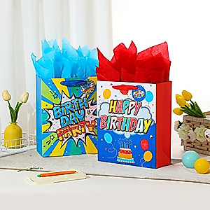 Vammy 13" Large Birthday Gift Bag with Tissue Paper, 2 Pack Happy Birthday Paper Gift Bags (Fireworks Birthday Party, Colorful Cake Candle) for Birthday Party