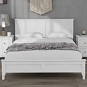 MERITLINE Full Size Platform Bed Frame with headboard/Solid Wood Foundation with Wood Slat Support/No Box Spring Needed/Easy Assembly, Rustic Pine (Full, White)