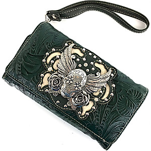 Zelris Sugar Skull Roses Angel Wing Women Crossbody Wrist Handle Trifold Wallet (Olive)