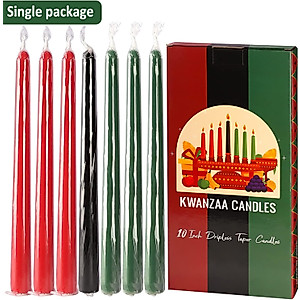 Set of 7 Kwanzaa Taper Candles, 3 Red, 3 Green, 1 Black Mishumaa Saba Candle Set, 10 Inch Dripless Tall Candle Stick for Kwanzaa, 7-7.5 Hour Burn Time