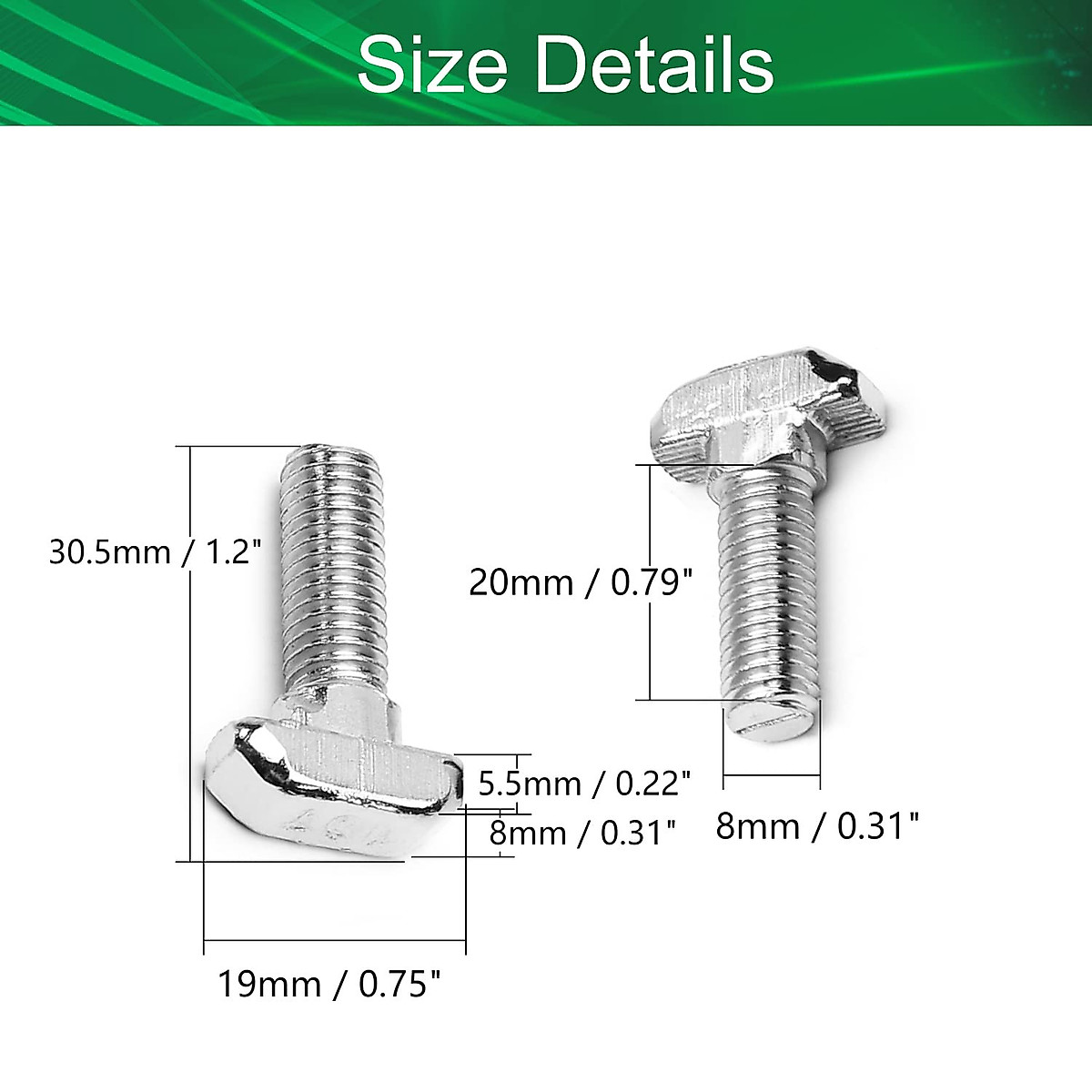 Yinpecly M8 x 25mm T Slot Bolts Fastener for European Standard 45 Series T-Slot Aluminum Profile Construction Industry, Carbon Steel Chrome Plated Silver Tone 20pcs
