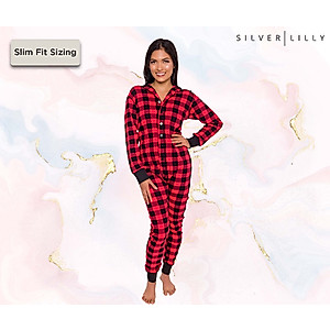 Silver Lilly Women's Buffalo Plaid Flapjack Pajamas - Winter One Piece PJs - Soft, Comfy Holiday Jumpsuit (Red/Black, Small)