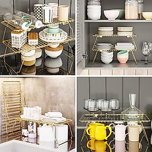 BENOLDY Rustproof Foldable Gold Metal Wire Kitchen Cabinet Storage Rack - Stackable Shelf Organizer for Plates, Dishes, Counters & Pantry Organization