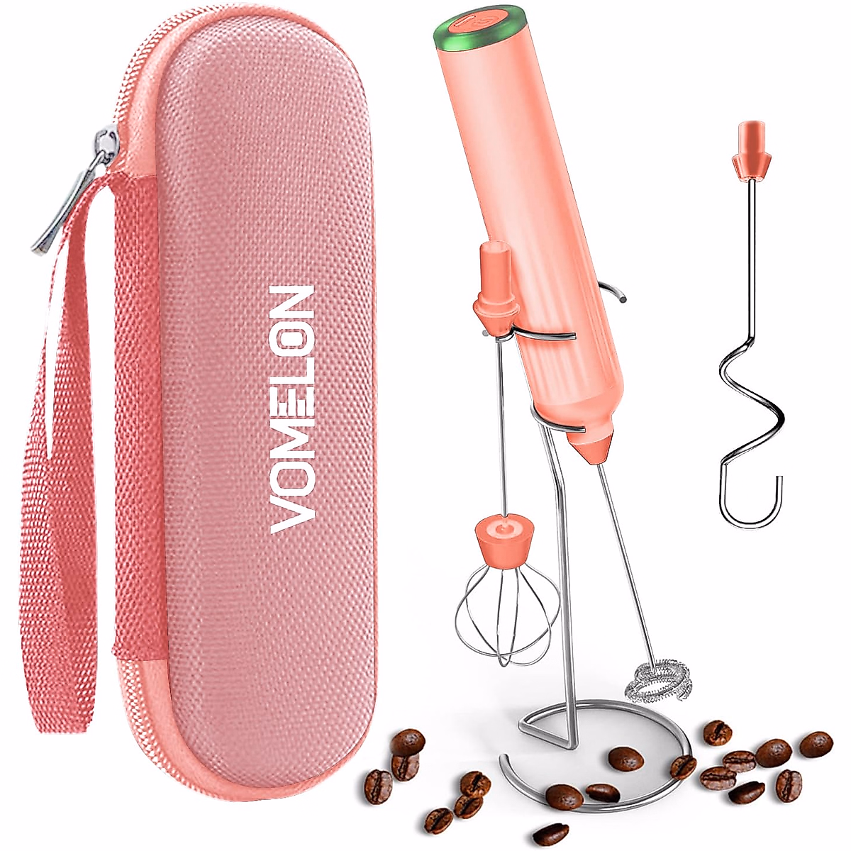 Milk Frother Handheld with 3 Stainless Steel Whisks, Rechargeable Electric Drink Mixer with Stand & Travel Case, Milk Foamer for Coffee, Latte, Cappuccino, Hot Chocolate, Egg,Jam Supplement-Pink