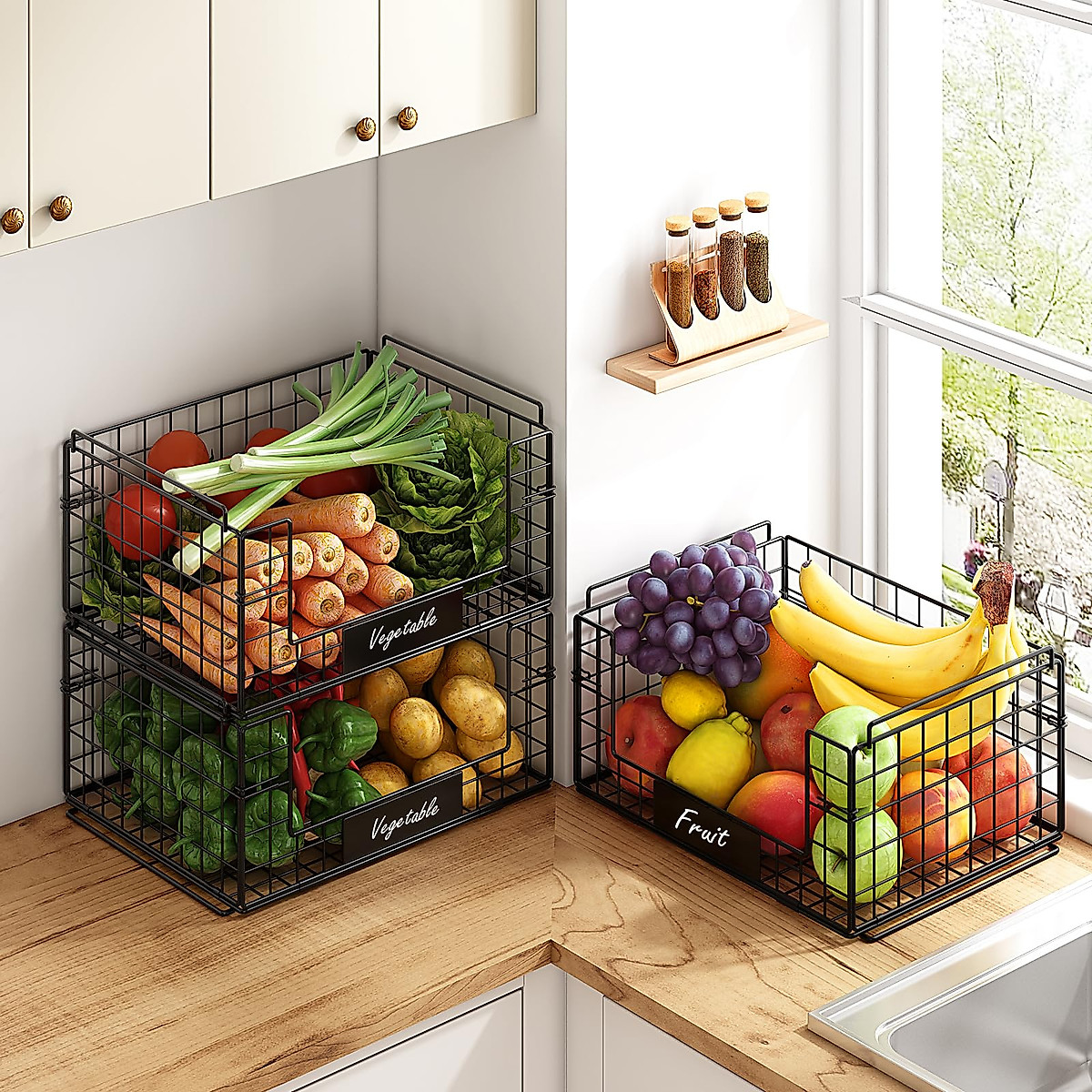 JKsmart 3 Pack XXL Stackable Wire Baskets with Handles for Pantry Storage and Organization, Fruit and Vegetable Basket with Name Plates, Metal Storage Bins for Snack Can Fruit Veggies