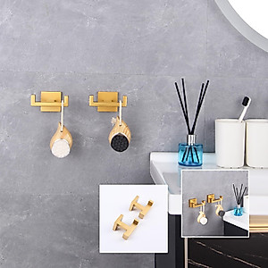 GERZWY Bathroom Double Towel Hook Gold Stainless Steel Wall Mounted Coat/Robe Clothes Hook for Bath Kitchen 2 Pack