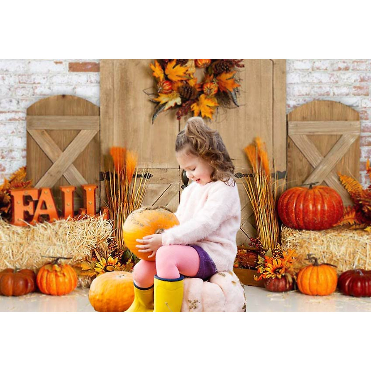 AIBIIN 10x7ft Fall Thanksgiving Backdrop for Photography Autumn Pumpkin Harvest Barn Brick Wall Background Rustic Wooden Door Haystack Landscape Maple Wreath Portrait Photoshoot Prop Studio Banner
