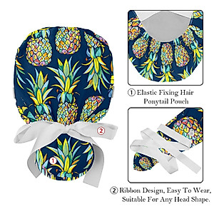 2 Packs Working Cap with Buttons Sweatband Adjustable Hats Printed Surgical Caps for Women, Colorful Pineapples Funny, Multicolor, 18cm/7.0 in