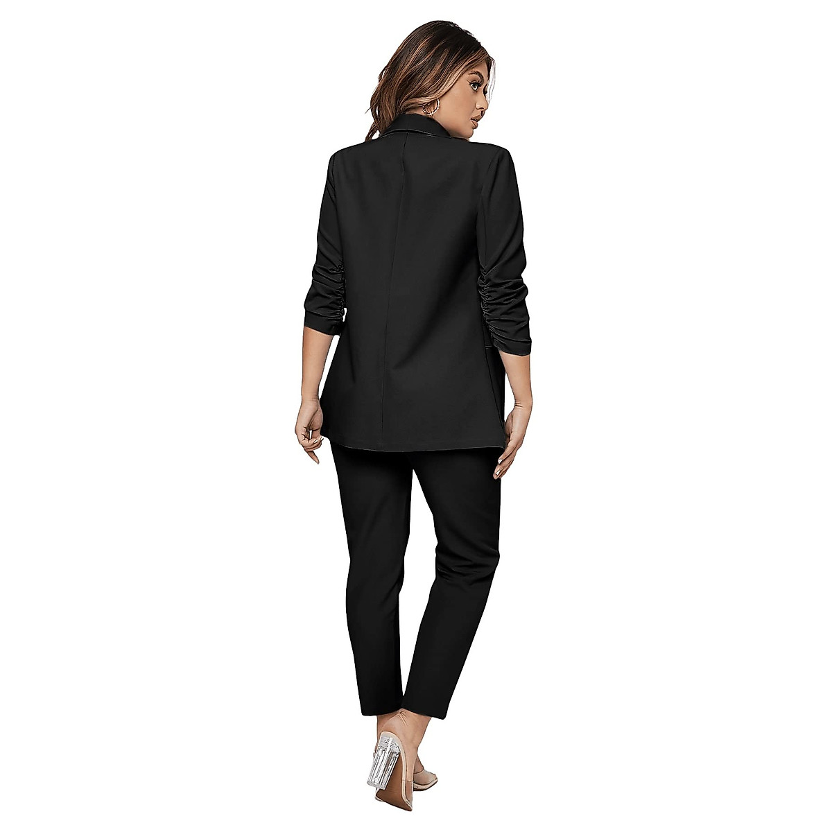 SweatyRocks Women's 2 Piece Solid Ruched Sleeve Blazer and Pants Business Office Suit Set Black L
