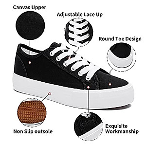 Women's White Platform Sneakers Black Platform Tennis Shoes Casual Lace up Fashion Sneakers Canvas Walking Flat Shoes (Black,US8)