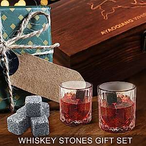 Whiskey Stones Glass Gift Set,16 Granite Whiskey Rocks,2 Crystal Whiskey Glasses & Velvet Bag Granite Chilling Rocks in Premium Wooden Box,Best Drinking Gifts for Men Dad Husband Birthday Party