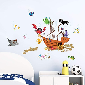 ufengke Pirate Ship Animal Wall Stickers Crab Octopus Bubbles Wall Decals Art Decor for Kids Boys Bedroom Nursery Playroom