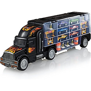 Toy Truck Transport Car Carrier - Toy truck Includes 6 Toy Cars and Accessories Fits 28 Toy Car Slots - Great car toys Gift For Boys and Girls - Original - By Play22