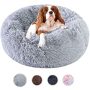 kimpets Dog Bed Calming Dog Beds for Small Medium Large Dogs - Round Donut Washable Dog Bed, Anti-Slip Faux Fur Fluffy Donut Cuddler Anxiety Cat Bed(20")