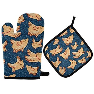 Oven Mitts and Pot Holders Set, Flying Pigs A Dark Blue Sky Heat Resistant Waterproof Gloves with Soft Cotton Lining for Kitchen Cooking, Baking, Microwave, BBQ