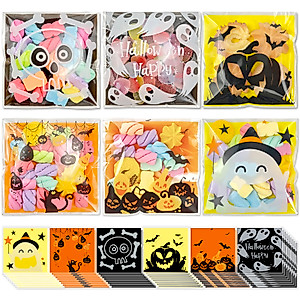 Bnsikun Halloween Cellophane Cookie Bags, 250 Pcs Self Adhesive Clear Cookie Treat Bags for Halloween Party Favor and Gift Packing(6 Style)