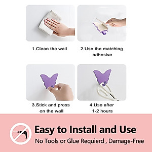 DueHoppee 8 Pack Adhesive Hooks,Cute Butterfly Sticky Hooks,Wall Decoration Hooks,Strong Stainless Steel Hooks to Organize Kitchen Office Bathroom Items, Key Hooks, Hat Hooks (Purple)