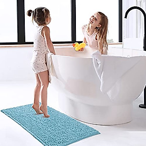FRESHMINT Chenille Bathroom Rugs Non-Slip Bath Mat 24”x16.5“, Washable Soft Shower Mat, for Bathroom Floor & Tub Fluffy Shag Bath Rugs, Durable Thick Water Absorbent Microfiber Shower Rugs, Blue