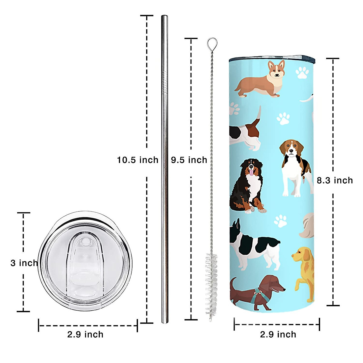 Dog Tumbler with Lid and Straw Dog Paw Print Coffee Animal Travel Mug 20oz Dog Stainless Steel Cup，Dog Lovers Gifts for Women