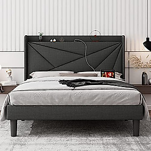 iPormis Queen Size Platform Bed Frame with Type C & USB Ports and Storage Headboard, Upholstered Geometric Bed Frame with Wingback, Wood Slats, Noise-Free, No Box Spring Needed, Dark Gray