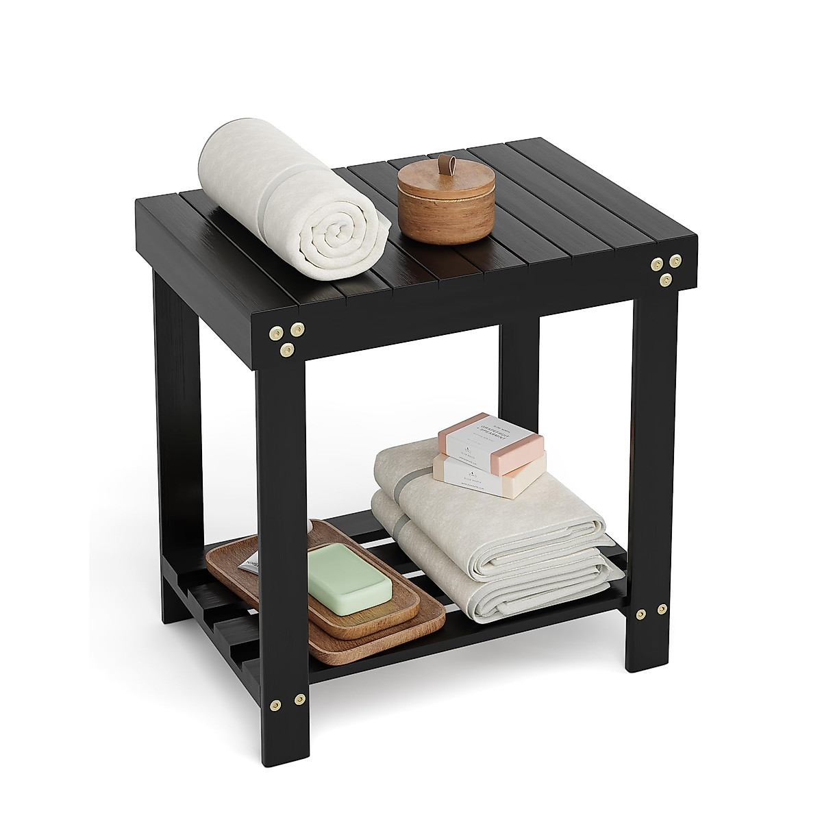 Bamneat Small Bamboo Bathroom Shower Bench with Storage Shelf, Durable Shower Stool for Shaving Legs, Indoor and Outdoor Use, Black